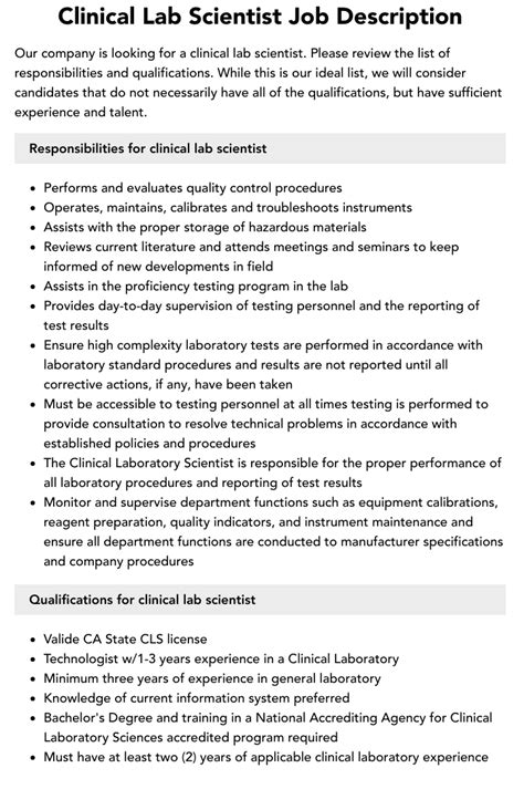 Clinical Lab Scientist Job Description Velvet Jobs
