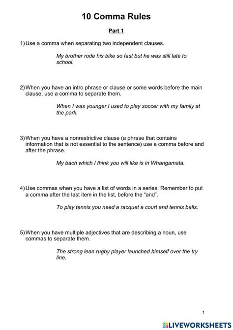 10 Comma Rules Online Exercise For Live Worksheets