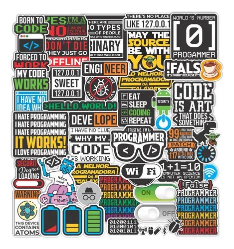 Kit 50 Adesivos Programador Hacker Geek Code Html Nerd 6cm