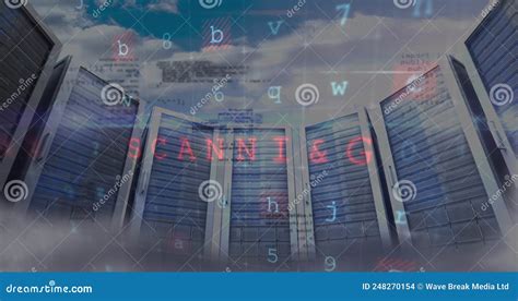 Image Of Cyber Attack Warning And Data Processing Over Server Room Stock Illustration