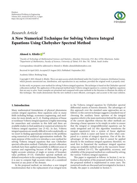 PDF A New Numerical Technique For Solving Volterra Integral Equations Using Chebyshev Spectral