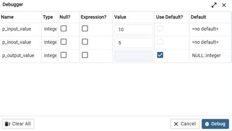 Pgadminでoutパラメータ付きのストアドのデバッグ実行する
