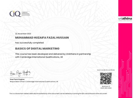 earned digital marketing certification from uniathena m huzaifa