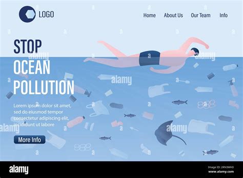 Stop ocean pollution landing page template. Plastic trash and various garbage in sea water. Man ...
