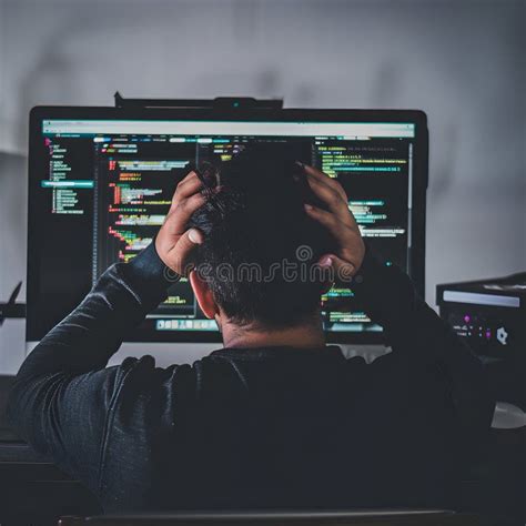 stressed programmer holding his head while working on computer code stock illustration