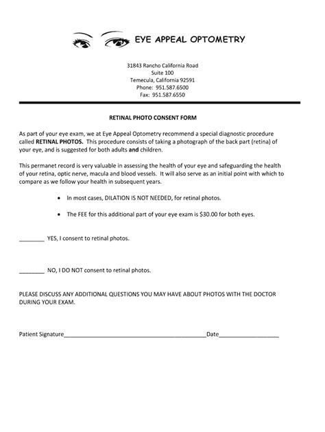 Retinal Photo Consent Form And Eye Appeal Optometry Fill Out And Sign