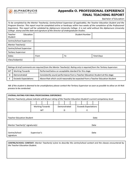 Appendix O Professional Experience Final Teaching Report Bch Pdf Educational Assessment