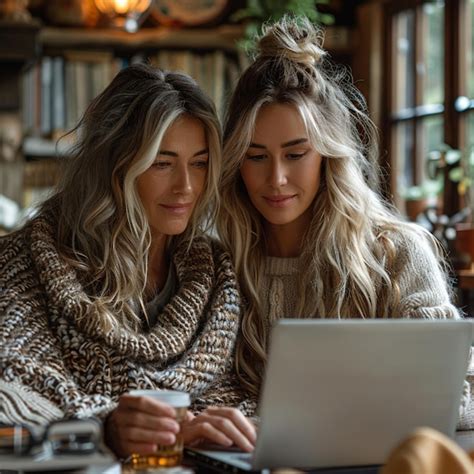 two women are looking at a laptop and one is on a laptop premium ai