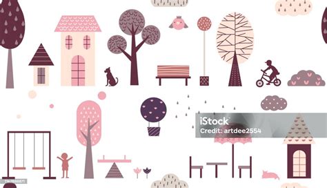 직물 직물 아동복 포장지 벡터 일러스트레이션을 위한 풍경 원활한 패턴 개에 대한 스톡 벡터 아트 및 기타 이미지 개 귀여운 나무 Istock