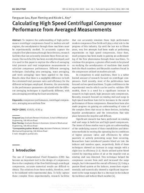 Pdf Calculating High Speed Centrifugal Compressor Performance From Averaged Measurements