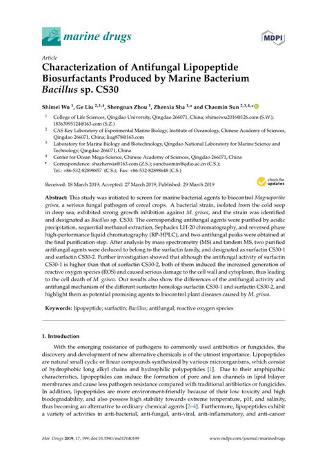 Pdf Characterization Of Antifungal Lipopeptide Biosurfactants Produced By Marine Bacterium