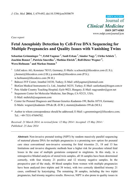 Pdf Fetal Aneuploidy Detection By Cell Free Dna Sequencing For Multiple Pregnancies And