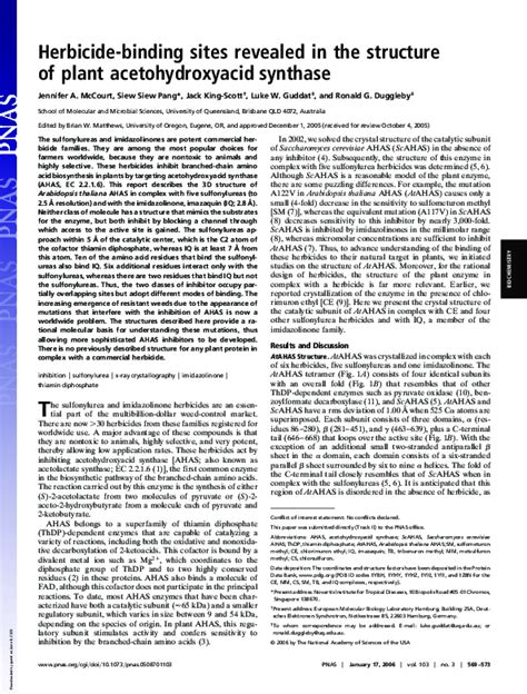 Pdf Herbicide Binding Sites Revealed In The Structure Of Plant Acetohydroxyacid Synthase