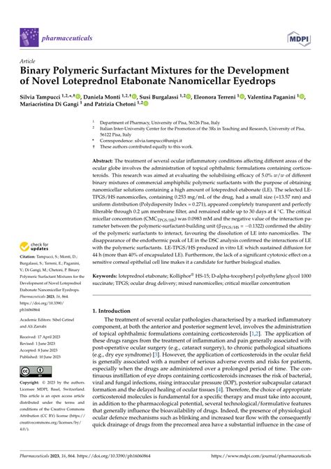 Pdf Binary Polymeric Surfactant Mixtures For The Development Of Novel Loteprednol Etabonate