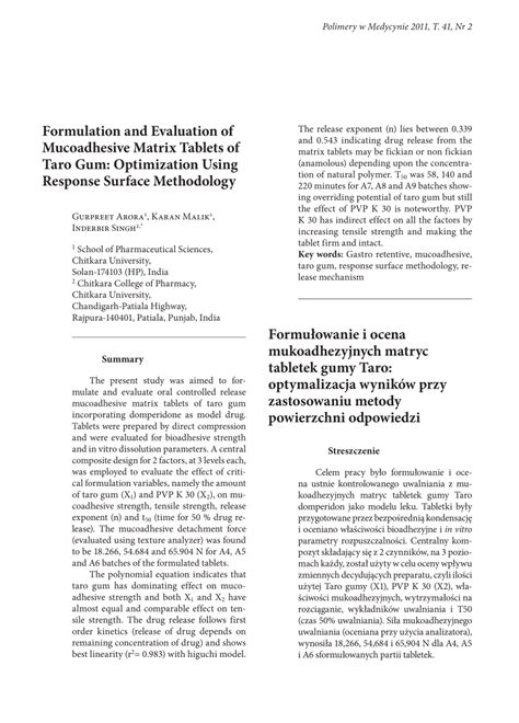 Pdf Formulation And Evaluation Of Mucoadhesive Matrix Tablets Of Taro Gum Optimization Using