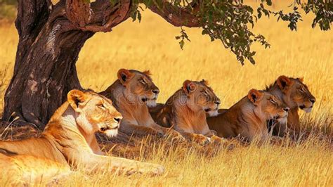 A Pride Of Lions Resting Under A Tree In The African Savanna Stock
