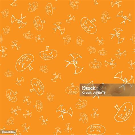 추상적인 스타일의 박쥐와 호박 원활한 할로윈 개요 박쥐와 호박 원활한 패턴 오렌지 배경에 할로윈 개요 휴일 장식입니다 선 벡터입니다 낙서 벽지 10월에 대한 스톡 벡터 아트