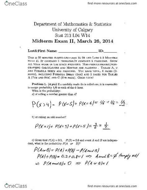 STAT 213 Midterm STAT213 Term Test 2 2014 Winter Solutions OneClass