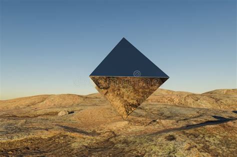 Single Metal Prism Pyramid Cube Hovering In The Air In Large Empty