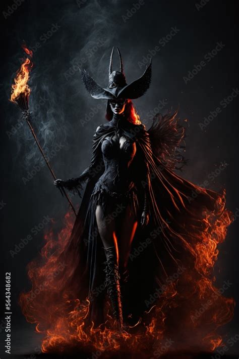 Seductive Sexy Witch Wearing Gothic Dress With Broom And Flames