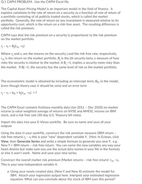Q CAPM PROBLEM Use The CAPM Excel File The Capital Chegg Com