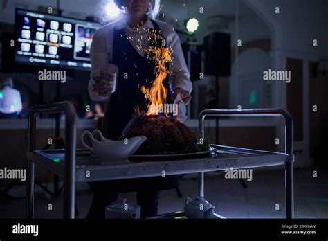 Ham Flambe In A Restaurant With Cook Stock Photo Alamy