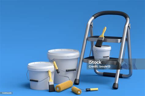 파란색에 페인트 롤러 브러시 및 접이식 사다리가있는 금속 캔 또는 양동이 세트 3차원 형태에 대한 스톡 사진 및 기타 이미지 3차원 형태 Diy 가정용 장비 Istock