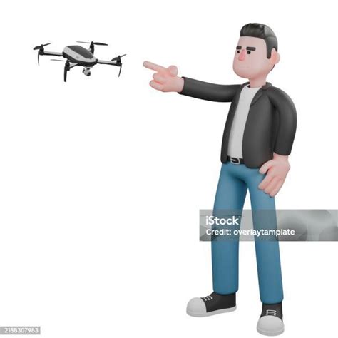 3d 만화 카메라맨 캐릭터의 창의적인 삽화 디자인 한 남성 카메라맨이 한 손으로 눈앞에 날아오는 드론을 가리키며 서 있다 그림 3차원 형태에 대한 스톡 사진 및 기타 이미지