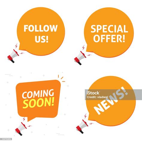특별 제안 및 곧 우리와 뉴스 발표 알림 알림 벡터 세트 평면 만화 일러스트 고립 프로모션 메시지 광고 풍선 거품과 메가 폰 0