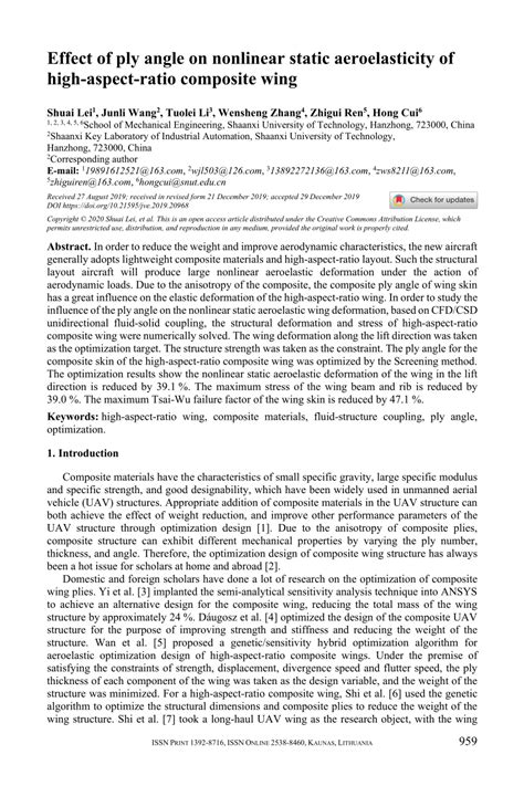 Pdf Effect Of Ply Angle On Nonlinear Static Aeroelasticity Of High Aspect Ratio Composite Wing