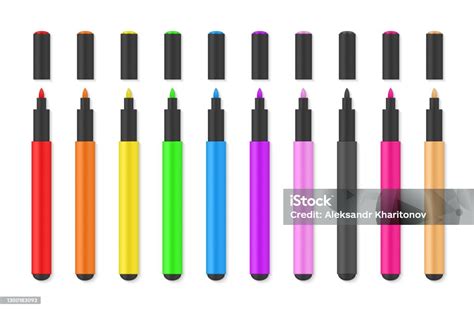 검은 몸과 뚜껑이 사실적인 세트컬러 마커 펠트 또는 섬유 팁 하이라이터 펜을 엽니다 싸인펜에 대한 스톡 벡터 아트 및 기타 이미지 싸인펜 형광펜 색상 묘사 Istock