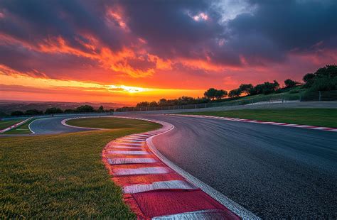 Sunset Over The Winding Racetrack With Vibrant Skies At A Motorsport