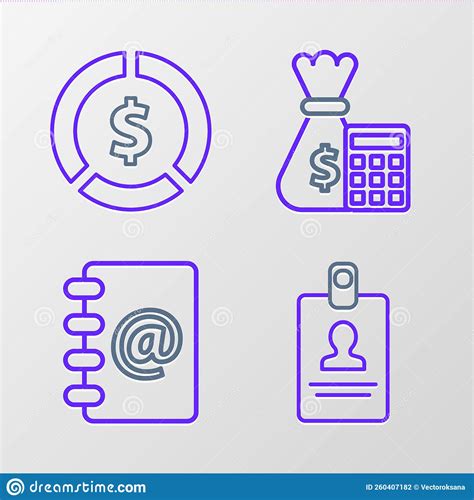 Set Line Identification Badge Address Book Calculator With Money Bag And Coin Dollar Symbol