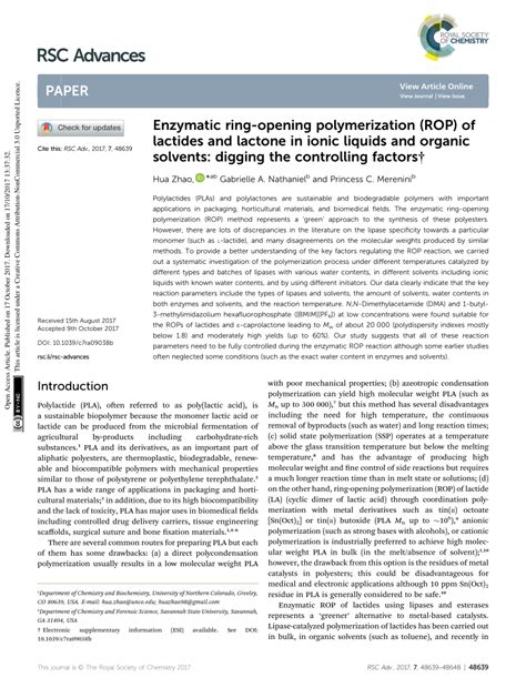 Pdf Enzymatic Ring Opening Polymerization Rop Of Lactides And