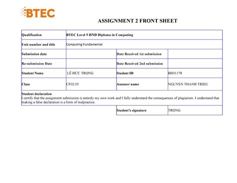 Asm2 1st Cf02 Le Duc Trong Bh01178 Assignment 2 Front Sheet Qualification Btec Level 5 Hnd