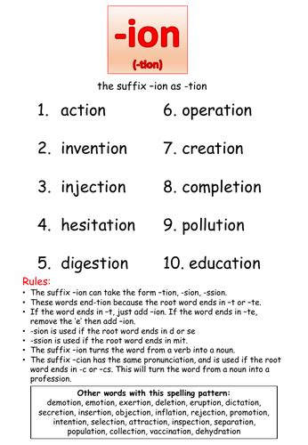 The Suffix Ion Tion Words Spelling Booklet Year 34 Teaching