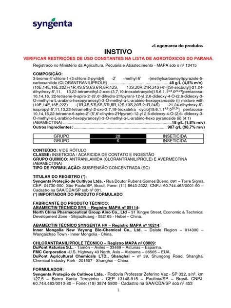 Bula Inseticida Instivo Syngenta Pdf Inseticida Agricultura
