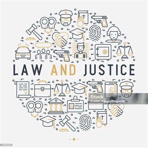 원 선 아이콘에서에서 법과 정의 개념 판사 경찰관 변호사 지문 배 심원 계약 증인 비늘 배너 웹 페이지 인쇄 매체에 대 한 벡터 일러스트 개념에 대한 스톡 벡터 아트 및