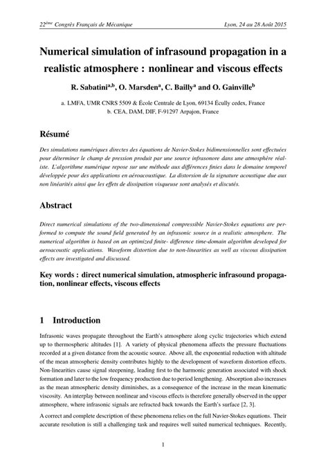 Pdf Numerical Simulation Of Infrasound Propagation In A Realistic Atmosphere Nonlinear And
