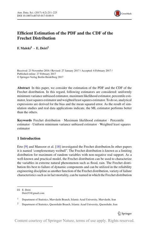 Efficient Estimation Of The Pdf And The Cdf Of The Frechet Distribution Request Pdf