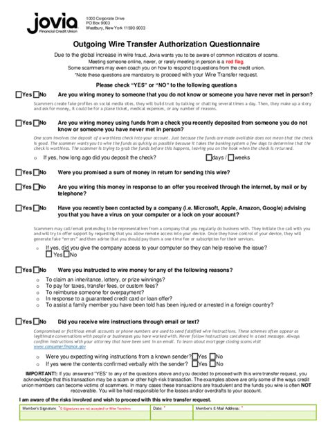 Fillable Online Outgoing Wire Transfer Authorization Questionnaire Fax