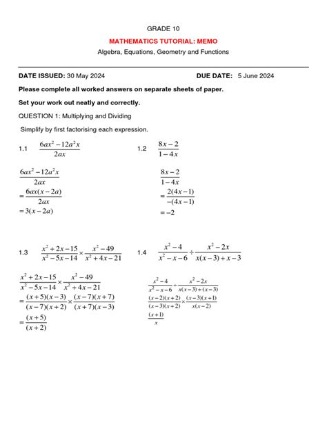 Grade 10 Tutorial Algebra Equations And Geometry Memo Pdf Circle