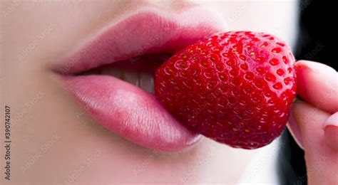 Sexy Womans Lips Erotic Concept Sexy Lips With Strawberries Oral Sex Erotic Woman Secret And