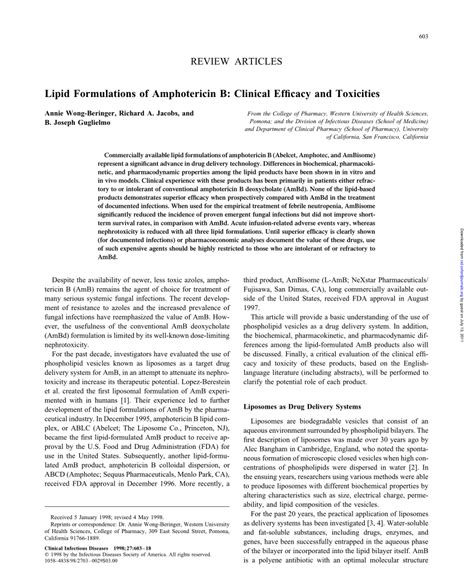 Pdf Lipid Formulations Of Amphotericin B Clinical Efficacy And