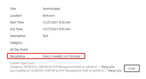 sp online creating recurring calendar events with powershell