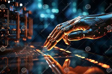 Coding Monitor Touched By Robotic Hands Demonstrating Advanced Automation Capabilities Stock