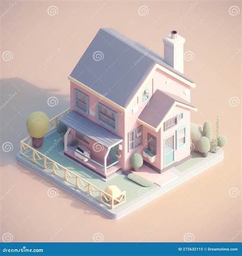 Cute Tiny Isometric Two Storey House With Terrace With Generative Ai Stock Illustration