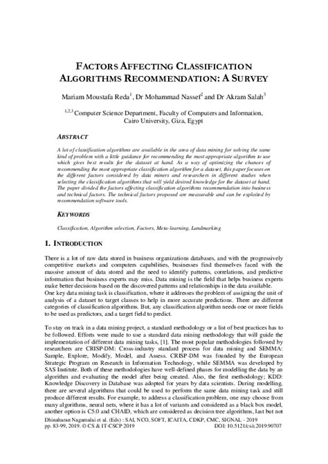 Pdf Factors Affecting Classification Algorithms Recommendation A Survey