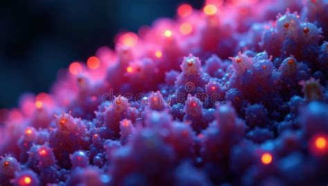 Close Up Vibrant Stained Specimen Under Led Microscope Sample Education Stained Stock Image