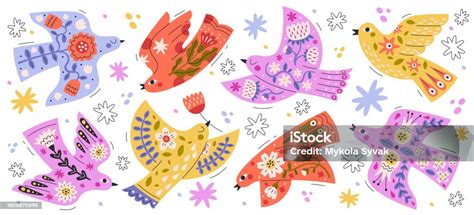 민속 예술 장식 패턴 새 높이 날고 부리 고립 된 벡터 일러스트 레이 션 세트에 꽃을 들고 잎에 대한 스톡 벡터 아트 및 기타 이미지 Istock